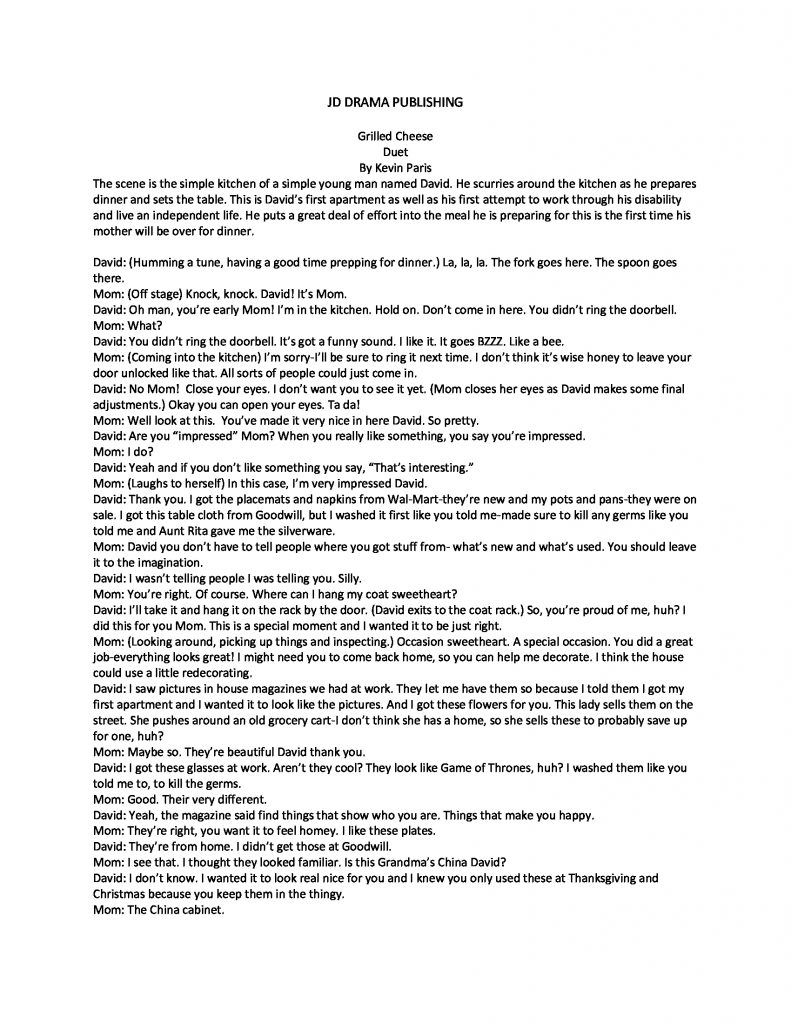 Grilled Cheese by Kevin Paris (10-15 min. Cut as Needed) 1M,1F, Duet ...